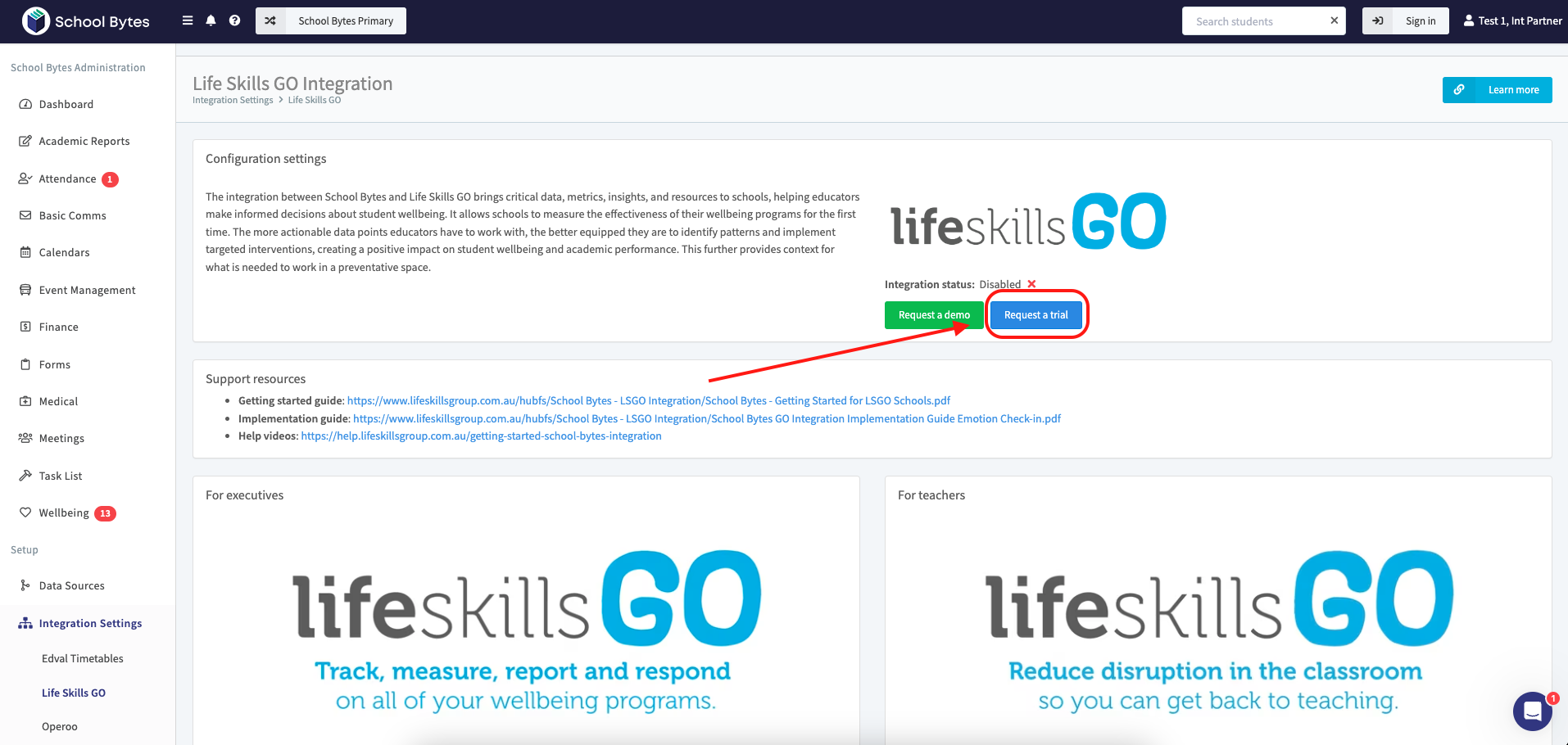 Life Skills GO School Bytes Integration setup page